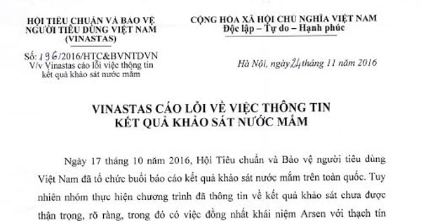 Vinastas xin lỗi về thông tin nước mắm nhiễm Arsen
